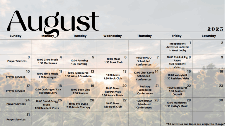 August Activity Calendar - NHNRC